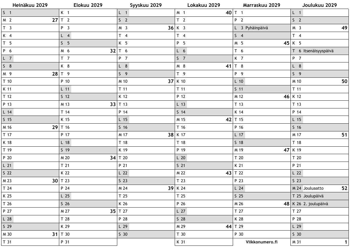 Vuoden 2029 kalenteri, 2. vuosipuoliskolla
